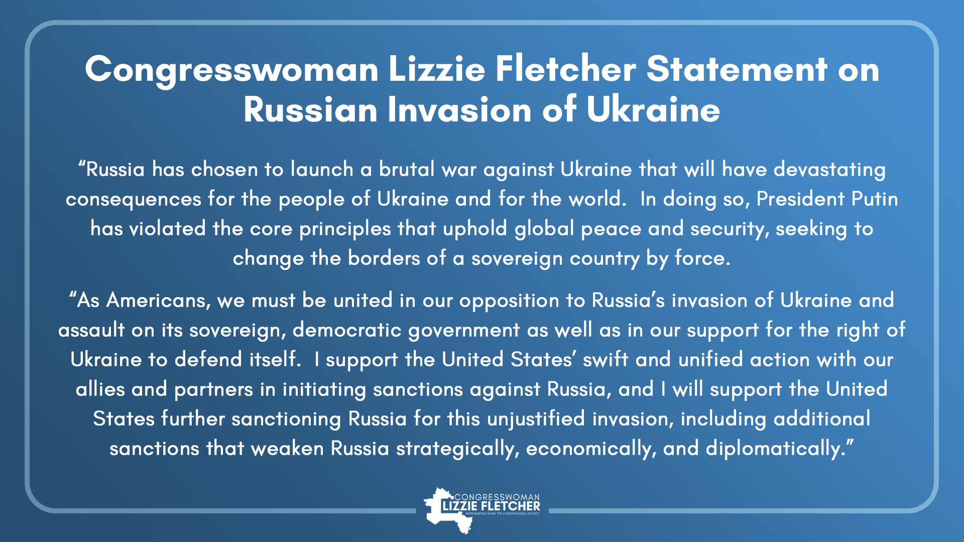 Congresswoman Lizzie Fletcher Statement on Russian Invasion of Ukraine ...